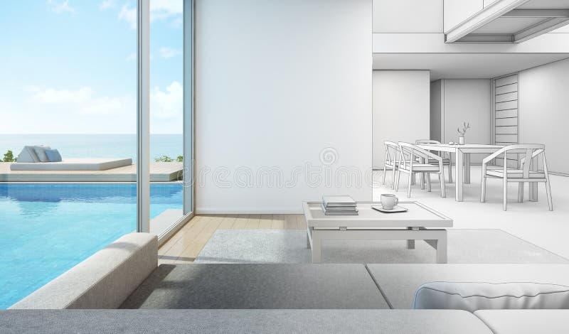 Sketch Design of Sea View Interior in Modern Pool House Stock Photo ...