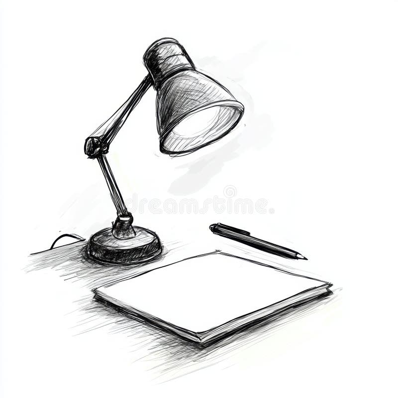 Sketch of a Desk Lamp Illuminating a Blank Notepad and Pen Stock ...