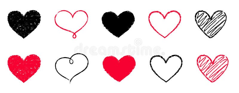 Sketch of Different Linear Hearts. Heart Shape Drawn with Pencil in ...