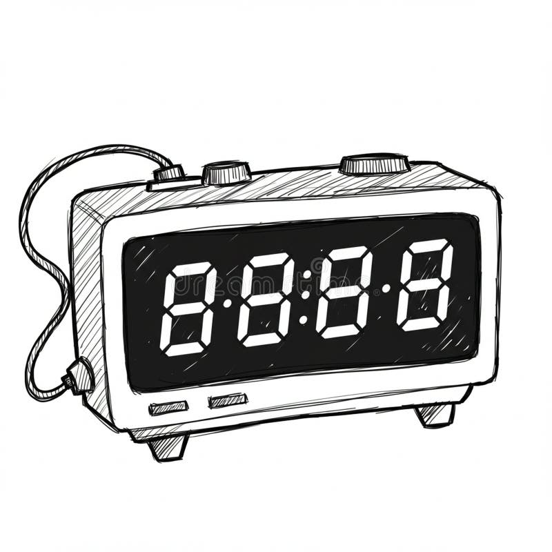 Sketch of a Digital Alarm Clock with a Rectangular Body. Features a ...