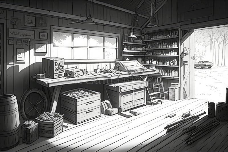 Sketch of Diy Garage Workshop, with Tools and Materials Neatly Arranged ...