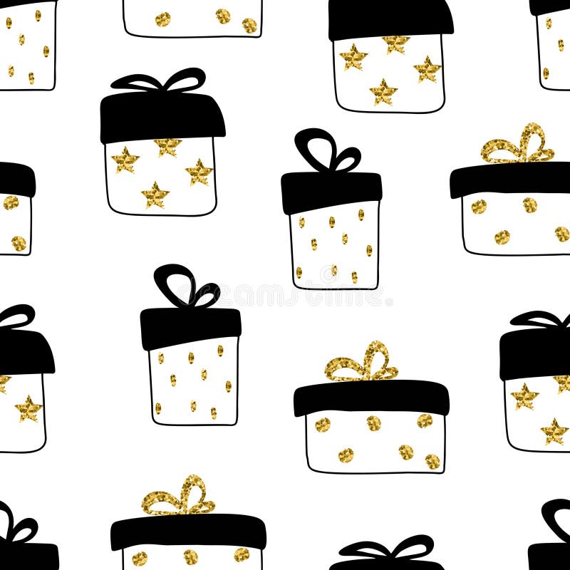 Sketch Doodle Gift Boxes Black and Gol Glitter Seamless Pattern Stock ...