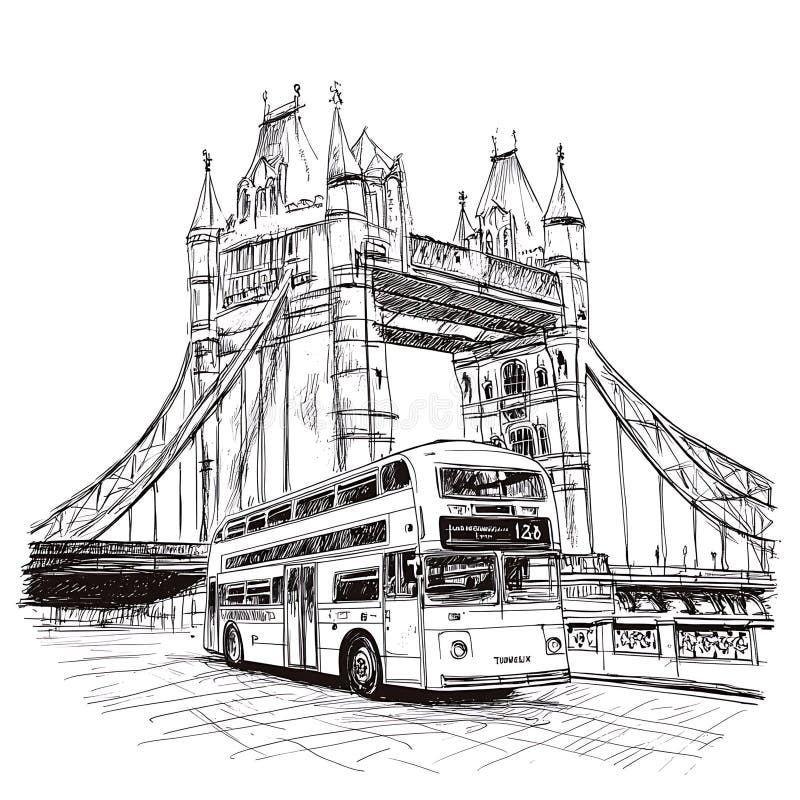 Sketch of Double-decker Bus Under Tower Bridge Stock Illustration ...
