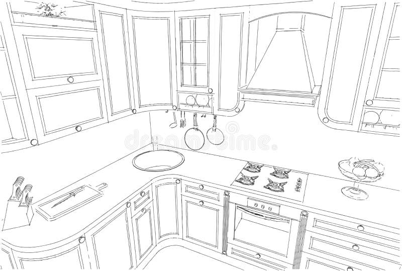 Sketch Drawing of Classic Kitchen Interior 3d Stock Illustration ...