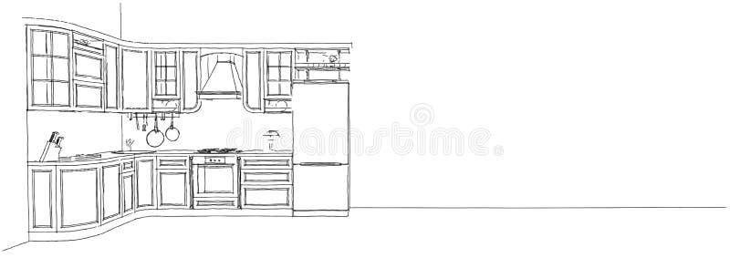 Interior Sketch Of Kitchen Room. Outline Blueprint Design Of Kitchen ...