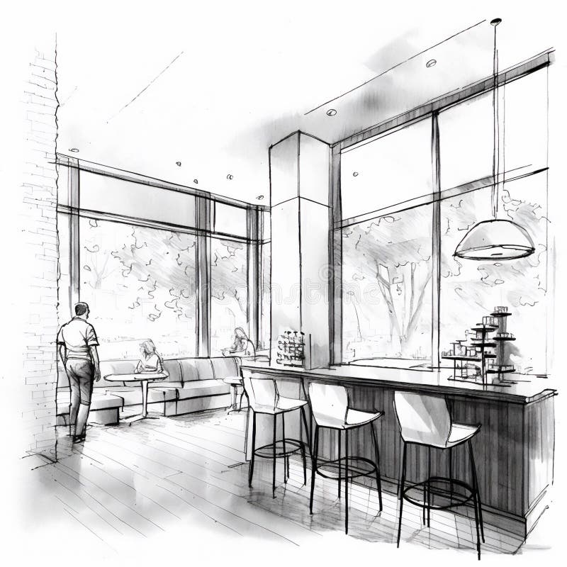 Sketch Drawing of a Cozy Coffee Shop. Stock Illustration - Illustration ...