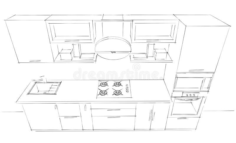 3d Sketch Drawing of Modern Kitchen Interior on Long Background Top ...