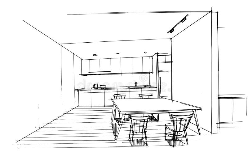 Sketch Drawing Hall and Kitchen Counter,dining Table and Chair,modern ...