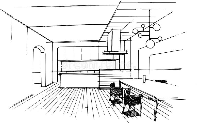 Sketch Drawing Hall and Kitchen Counter,modern Design,vector,2d ...