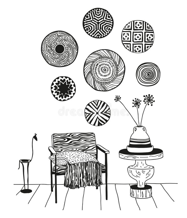 Sketch Drawing Interior Room Hand Sketch with Contour Lines. Vector ...