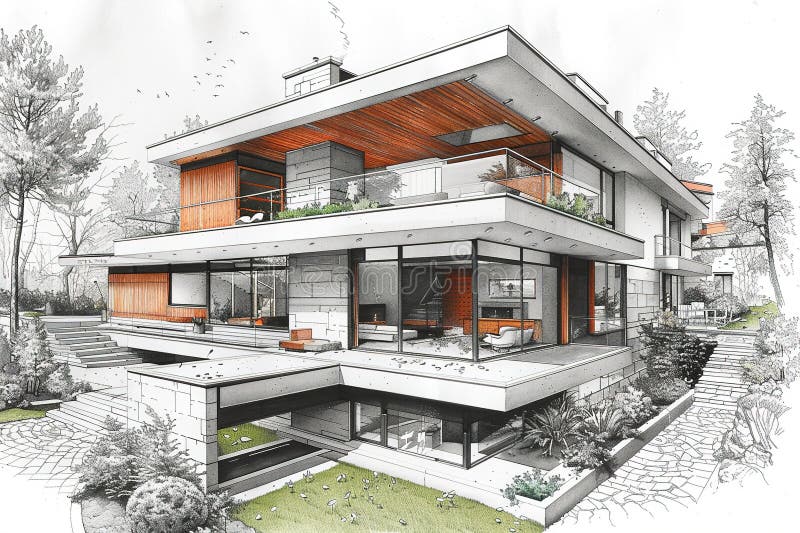 Sketch Drawing of a Modern House. Generative AI Stock Illustration ...