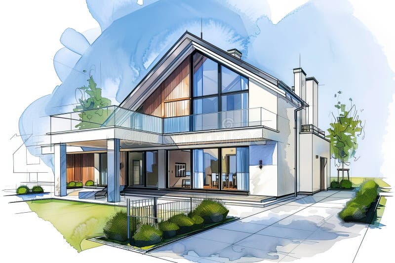 Sketch Drawing of a Modern House. Generative AI Stock Illustration ...