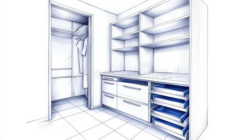 A Sketch of a Drawing Shows an Open Closet with Drawers, AI Stock Image ...