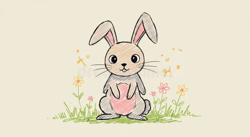Sketch Drawing of a Standing Rabbit with Flowers Stock Illustration ...