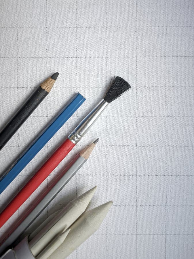 Sketch Drawing Tools on Canvas with Grid. Pencils, Eraser, Paintbrush ...