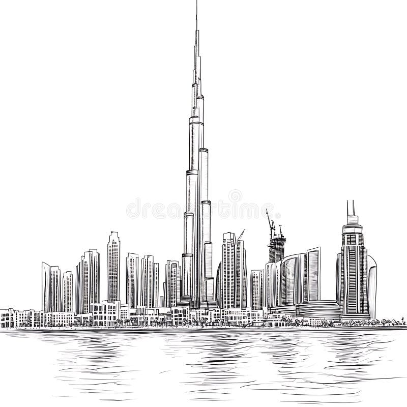 Sketch of Dubai Skyline Featuring Burj Khalifa Stock Illustration ...