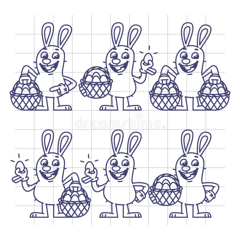 Sketch Easter Bunny Holding Egg and Basket Set Characters Stock Vector ...