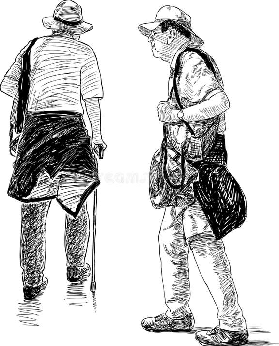 Sketch of the Elderly Men on a Stroll Stock Vector - Illustration of ...