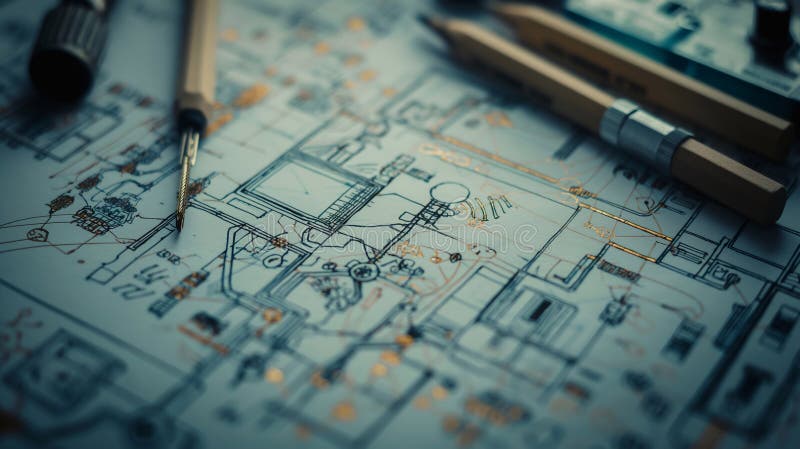 A Sketch of an Electronic Circuit Diagram and Electronic Components on ...