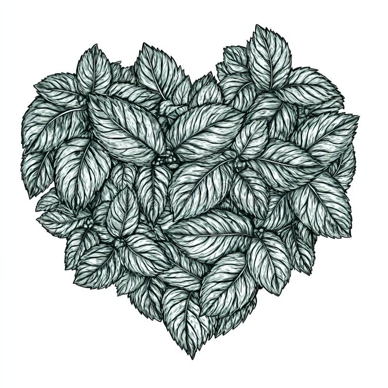 A Sketch Engraving of a Heart Made from Overlapping Mint Leaves ...