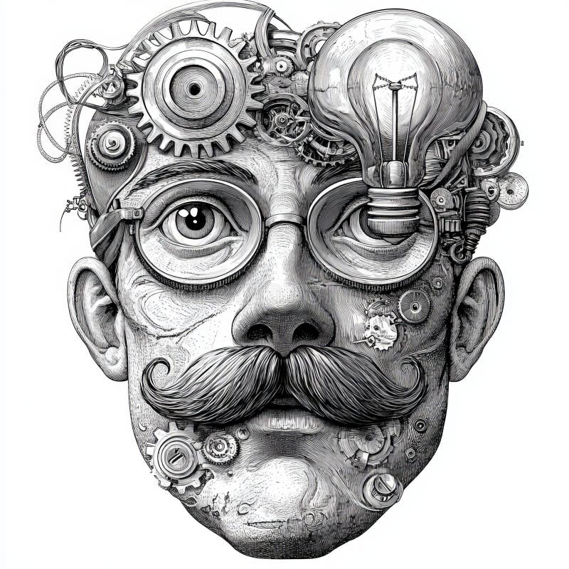 A Sketch Engraving of a Man S Profile, Complete with Gears, Tools, and ...