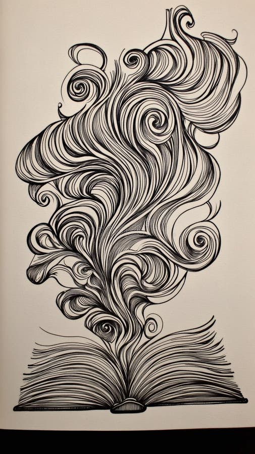 Sketch Engraving of an Open Book with Swirling Lines of Text. Stock ...