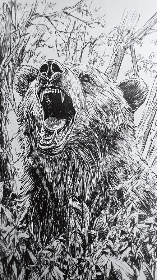 Sketch Engraving of a Roaring Bear in a Natural Forest Setting. Stock ...