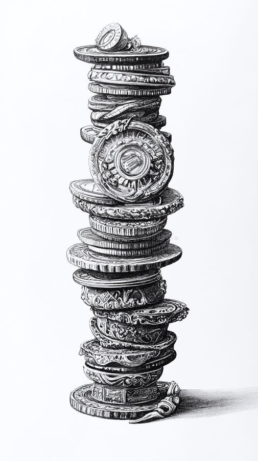 Sketch Engraving of a Stack of Coins with Intricate Designs. Stock ...
