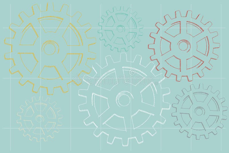 Sketch Faded Illustrated Gears on Blue Background Stock Vector ...