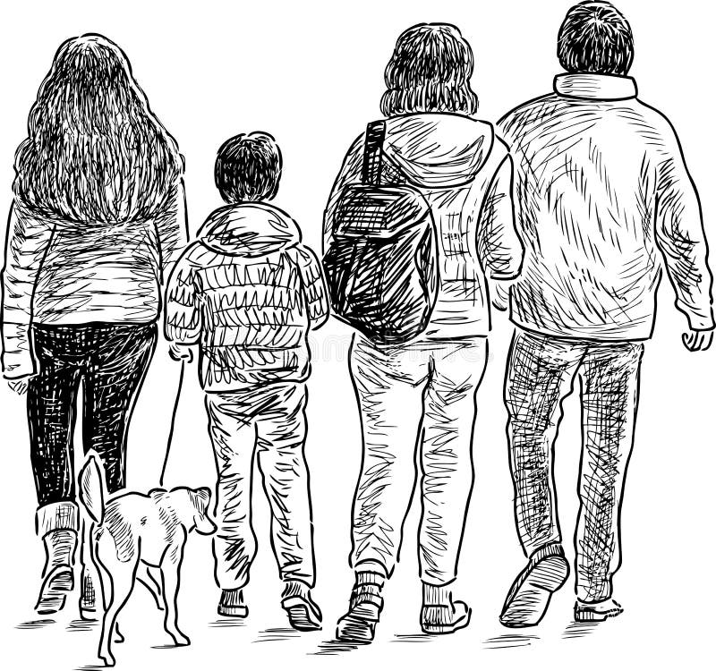Sketch of a Family on a Stroll Stock Vector - Illustration of casual ...