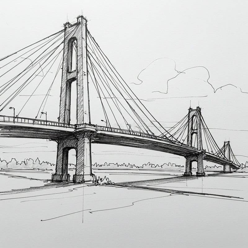 Sketch Features a Cable-stayed Bridge with Tall Pylons and Numerous ...