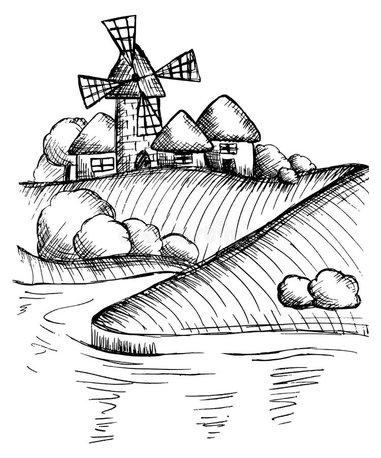 Sketch Field Mill Farm Hand Drawn Design Packaging Stock Vector ...