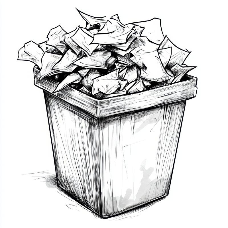 Sketch of a Filled Trash Can Overflowing with Crumpled Paper Stock ...