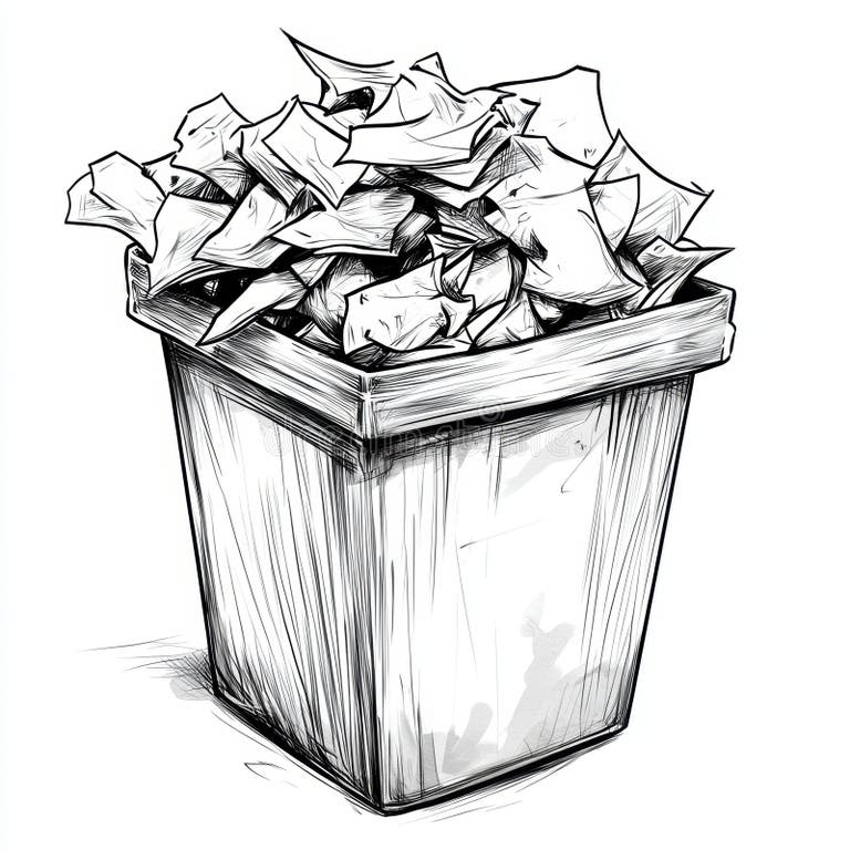 Sketch of a Filled Trash Can Overflowing with Crumpled Paper Stock ...