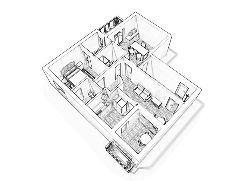 Sketch Floor Plan 3d Illustration Stock Illustration - Illustration of ...