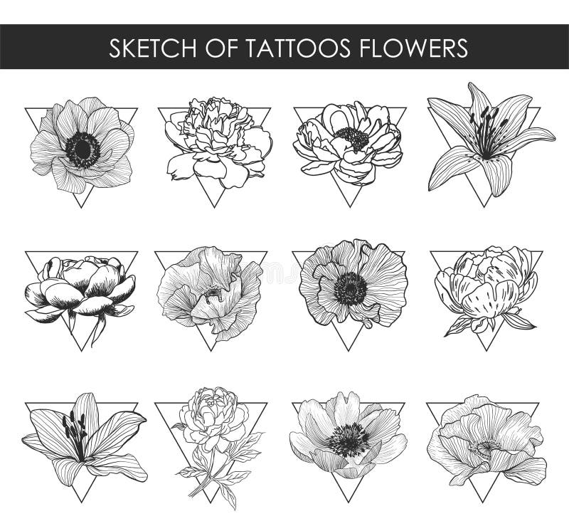 Sketch of Flowers Tattoos Vector Elements. Stock Vector - Illustration ...