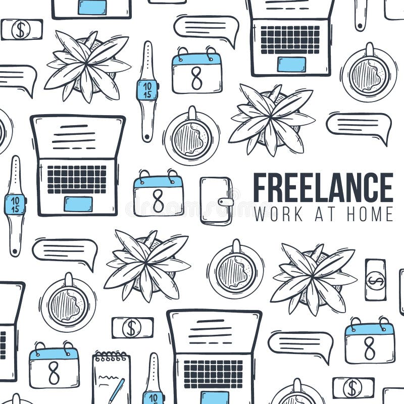 Sketch of Freelance. Work at Home. Remote Work. Hand Draw Doodle ...