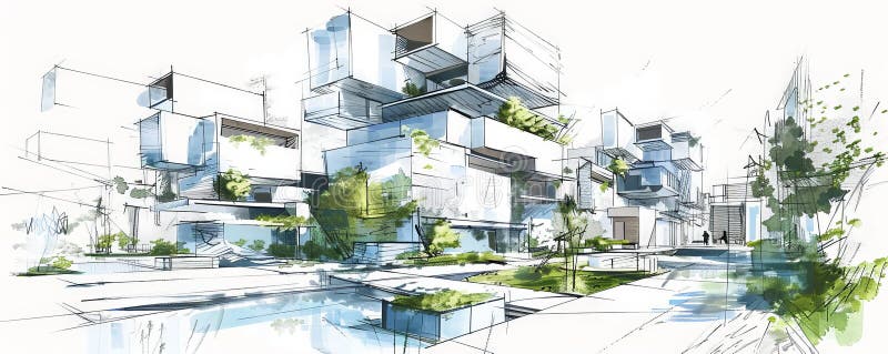 A Sketch of a Futuristic Residential Complex, with Modular Units, Green ...