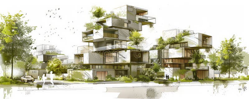 A Sketch of a Futuristic Residential Complex, with Modular Units, Green ...