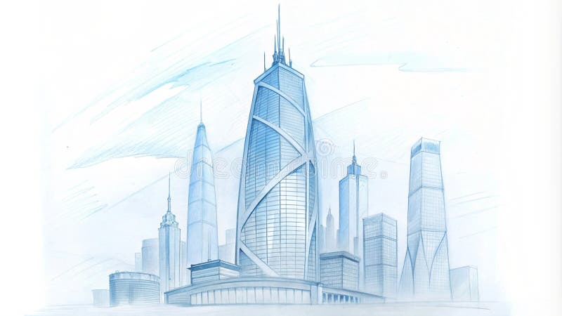 Sketch a Futuristic Skyscraper with Glass Walls Stock Illustration ...