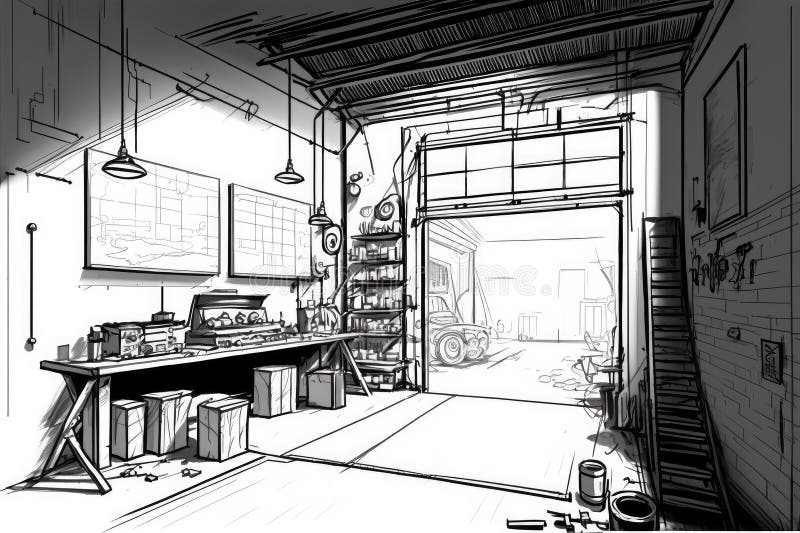 Sketch of Garage with Tools and Equipment Hanging from the Ceiling ...