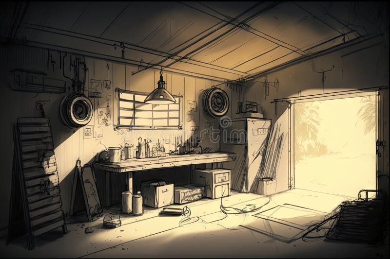 Sketch of Garage with Tools and Equipment Hanging from the Ceiling ...