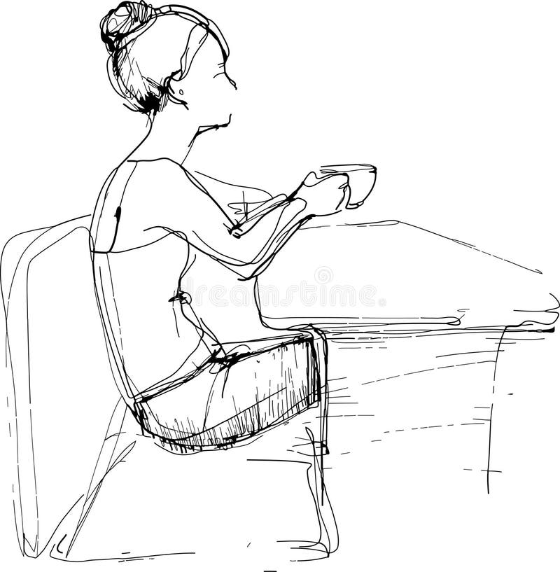 Sketch Girl Drinking Tea at the Table Stock Vector - Illustration of ...