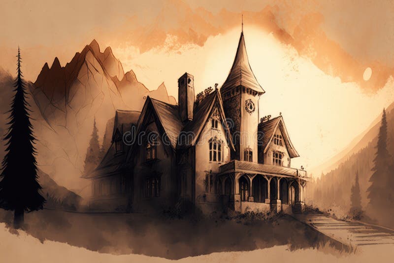Sketch of a Gothic House Surrounded by Misty Mountains, with the Sun ...