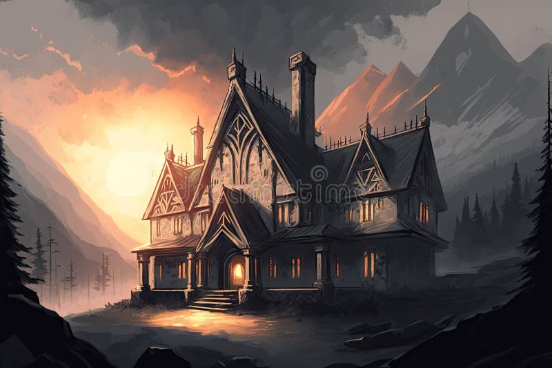 Sketch of a Gothic House Surrounded by Misty Mountains, with the Sun ...