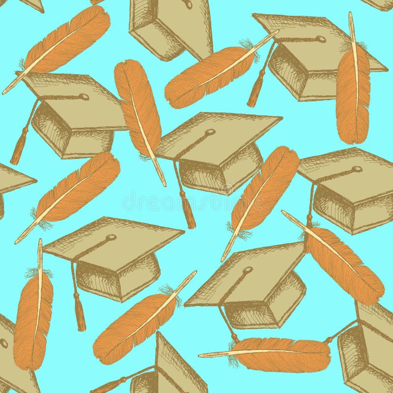 Sketch Graduation Cap with Feather Pen Stock Vector - Illustration of ...