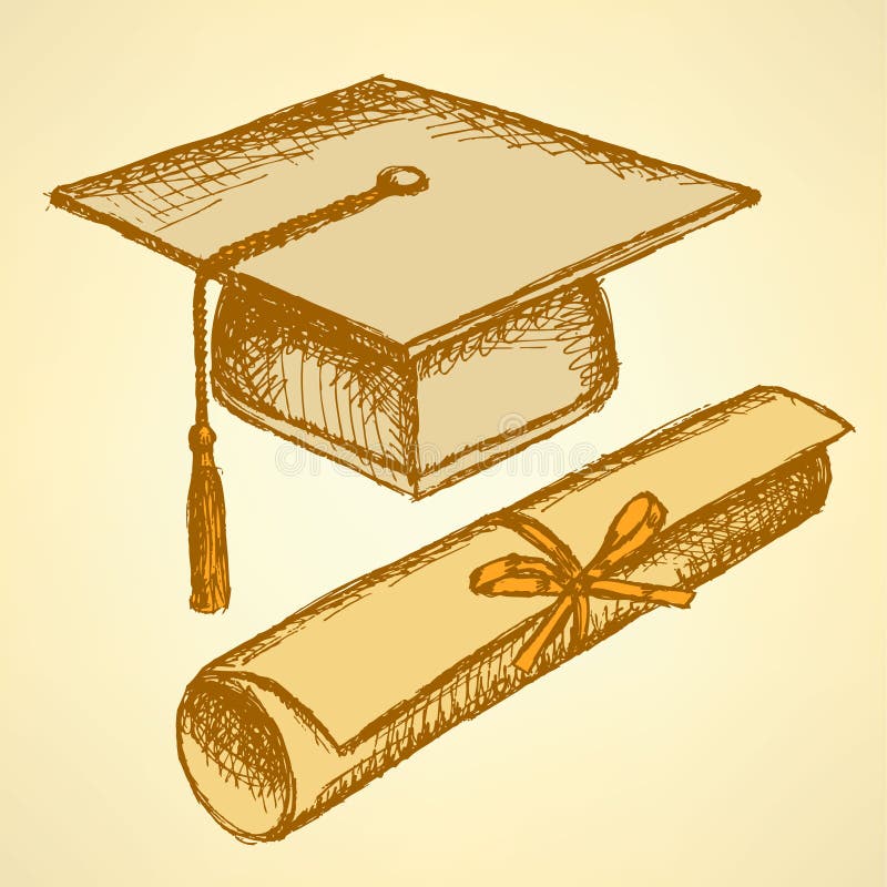 Sketch Graduation Hat and Diploma Stock Vector - Illustration of ...