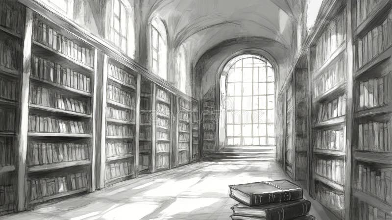 A Sketch of the Grand Library Hallway Featuring Bookshelves and a ...