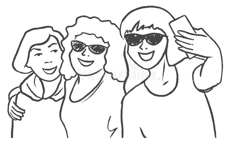 Sketch Group of Three Friends Women Taking Selfie Stock Vector ...