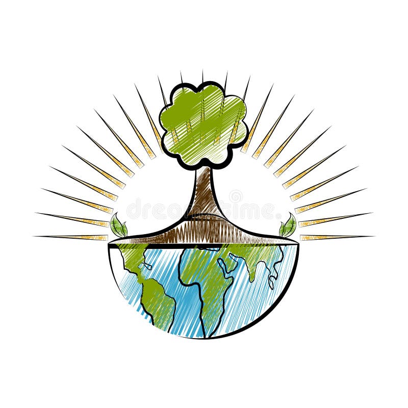 Sketch of a Half Earth with a Tree Stock Vector - Illustration of sign ...